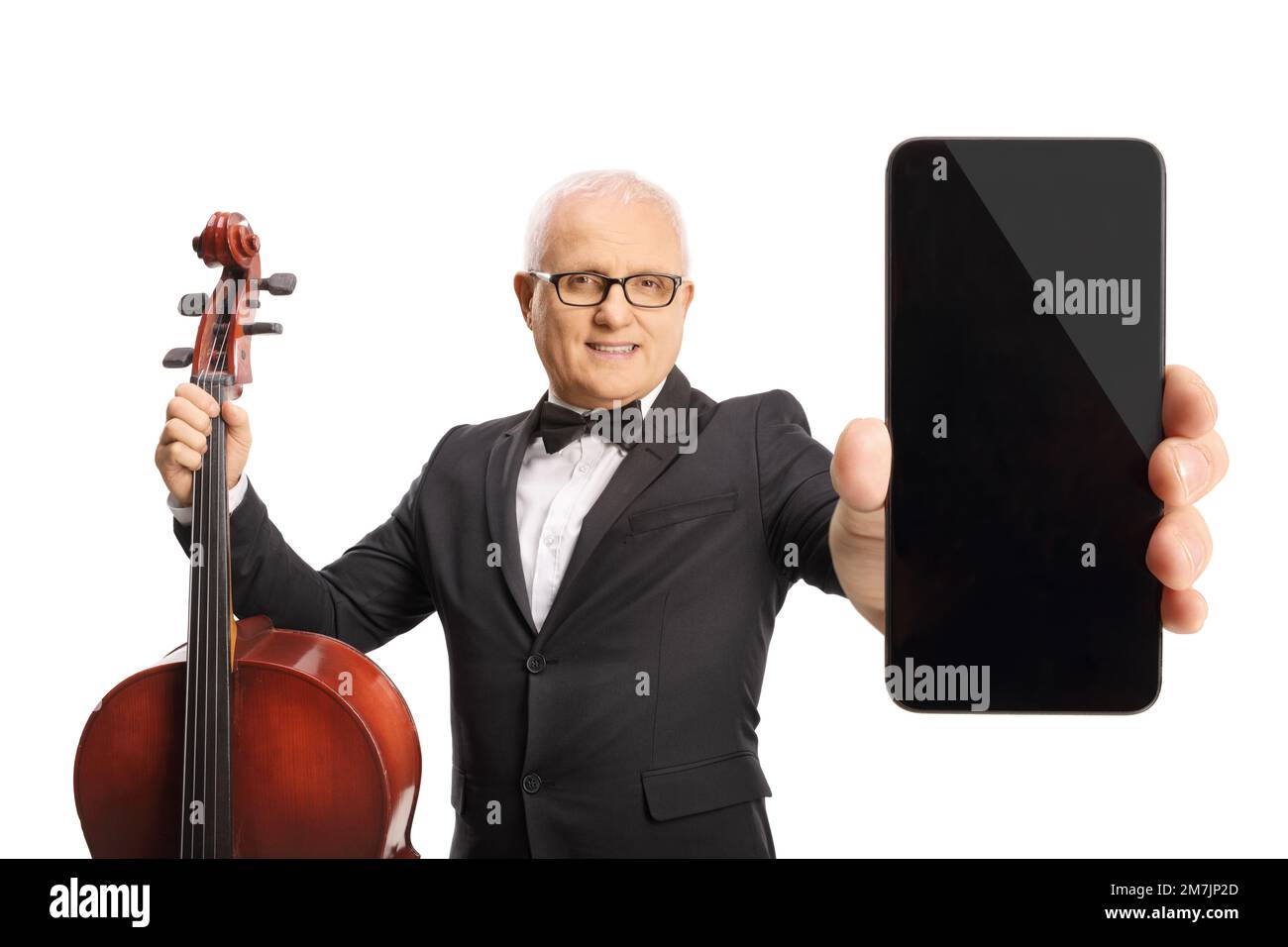 Musician with a cello instrument showing a smartphone isolated on white ...