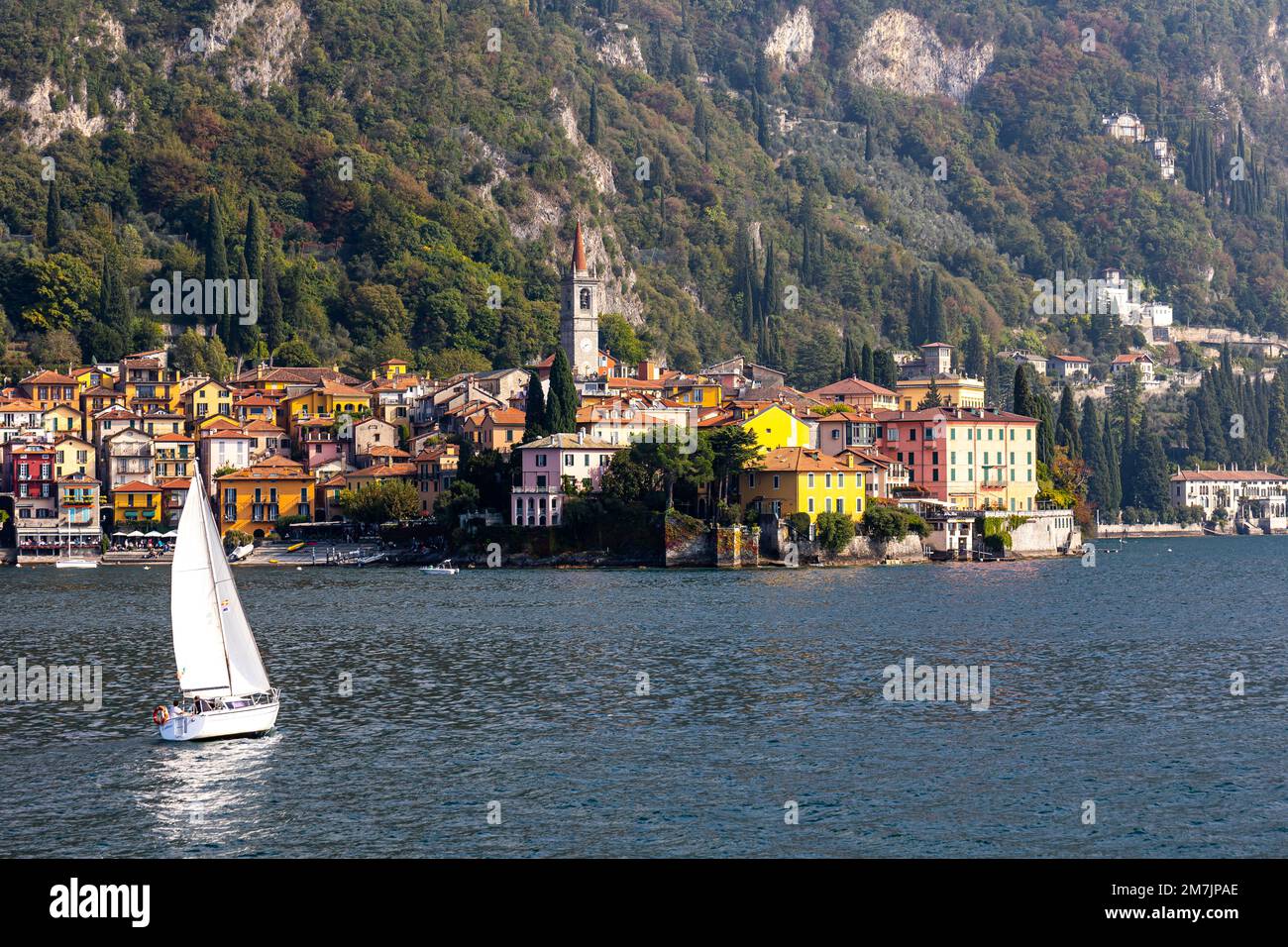 Waterfront Town Bellagio, Italy, Lake Como with Sailing Boat and ...
