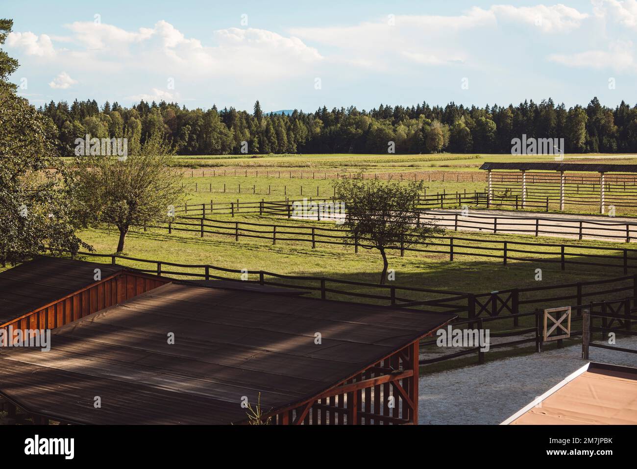 A view over a beautiful land at the ranch - home of the horses Stock ...