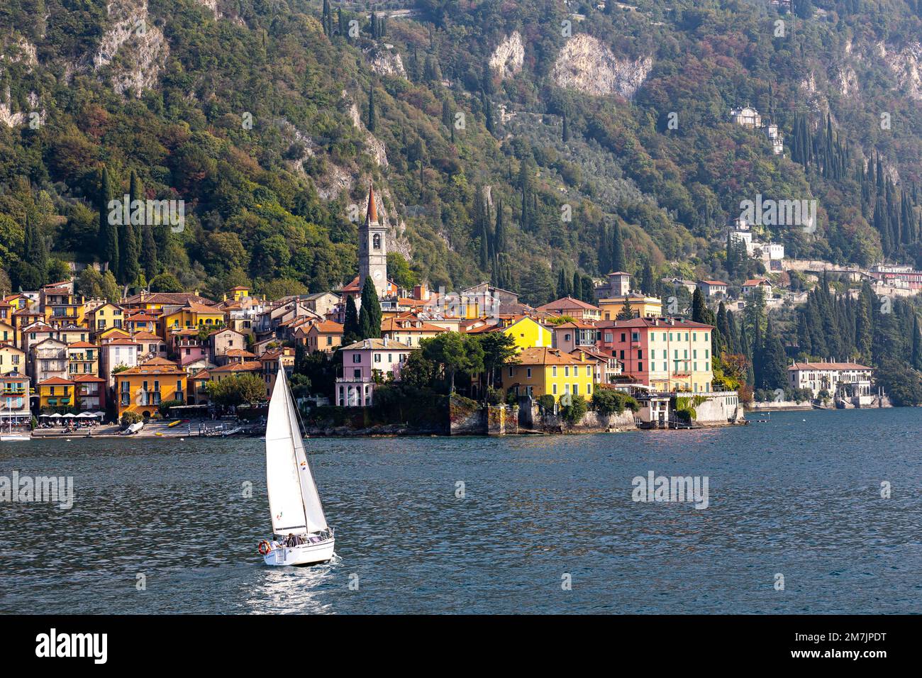 Waterfront Town Bellagio, Italy, Lake Como with Sailing Boat and ...