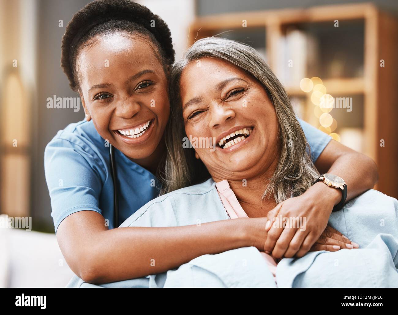 Senior Care Hug And Portrait Of Nurse With Patient For Medical Help