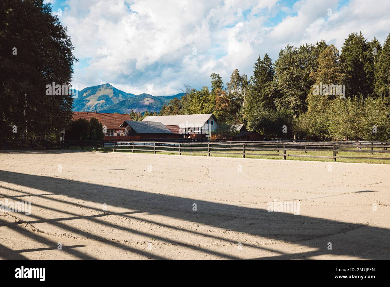 Empty riding ring at the horse ranch on a hot summer day Stock Photo ...