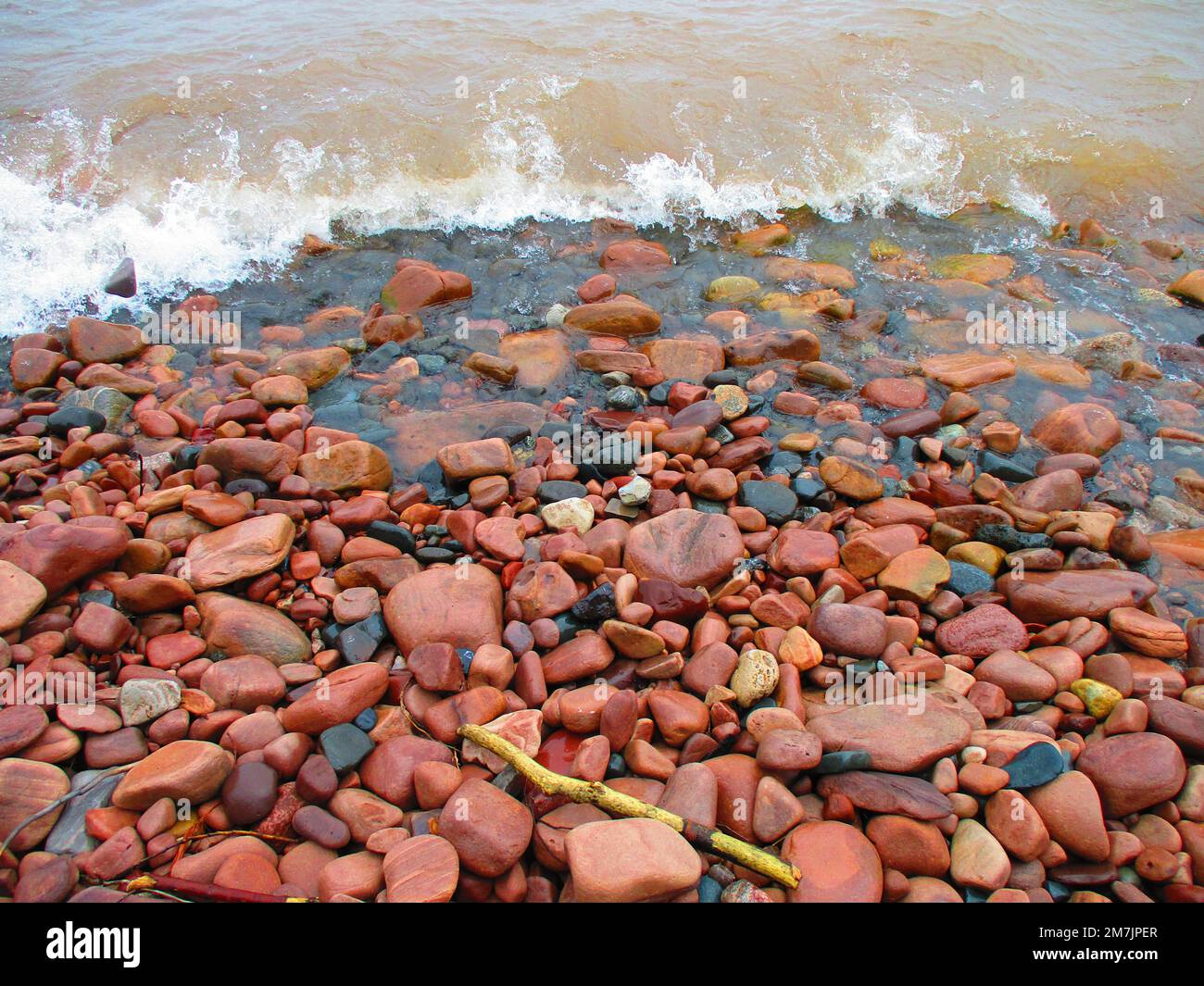 The red rocks of different shape on the beach with sea waves in the ...
