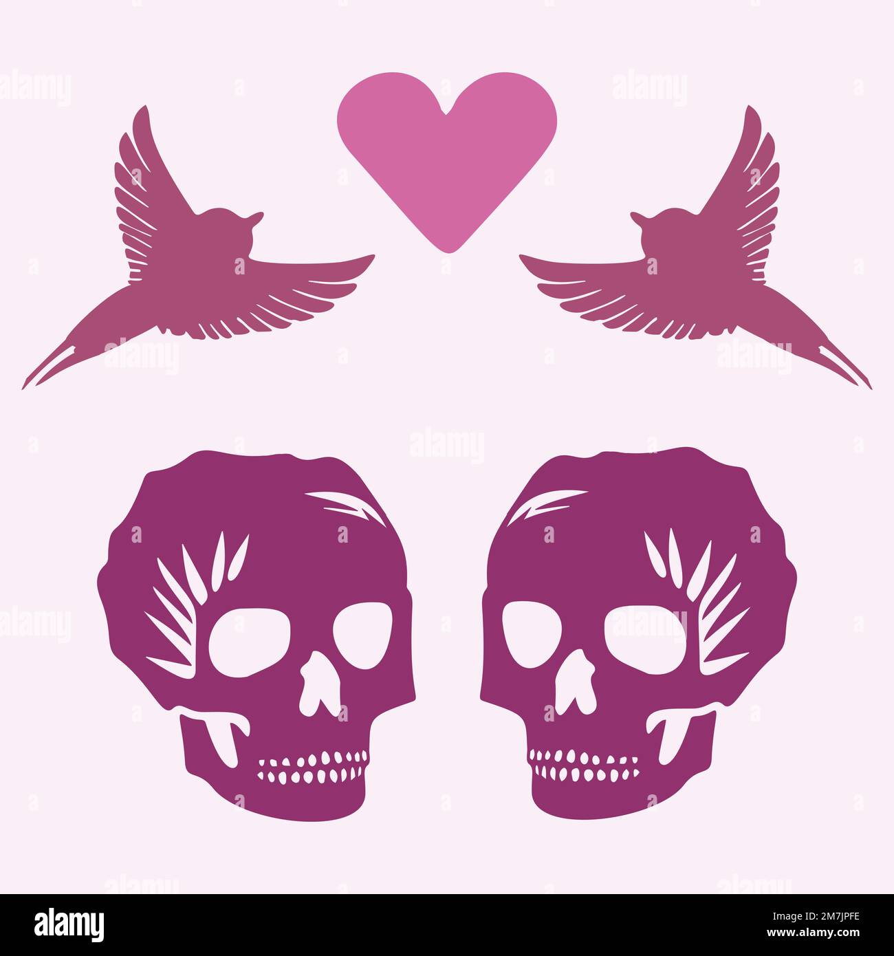 Gothic gay couple skull vector illustration in viva magenta. Tattoo ...