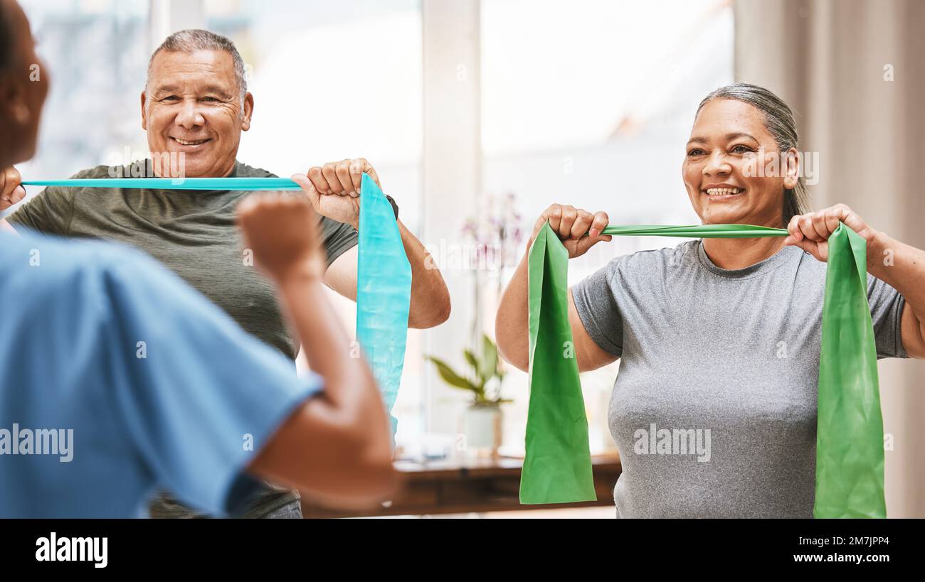 Physical therapy, stretching and senior couple with nurse teamwork ...
