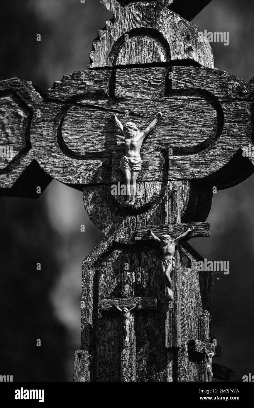 A grayscale shot of a Christian cross at the hill of crosses Stock ...
