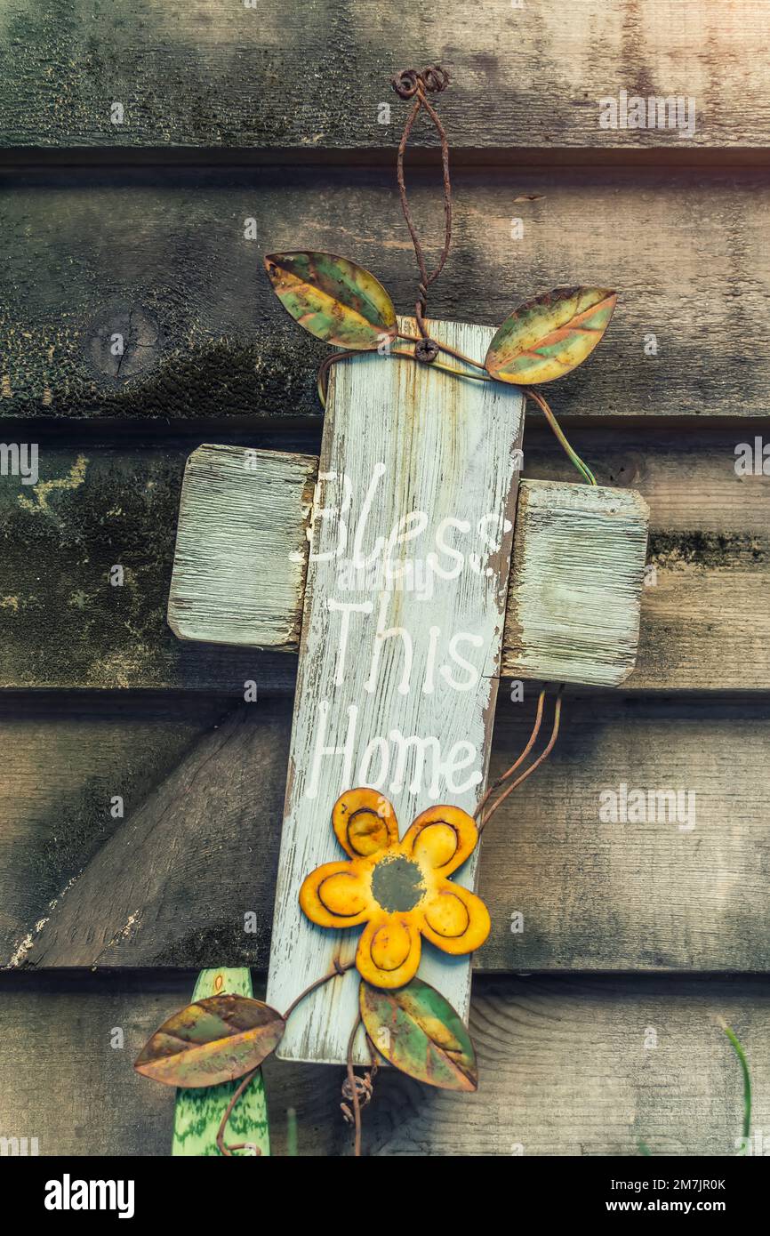 floral with cross and blooming on wooden background, Christian symbol ...