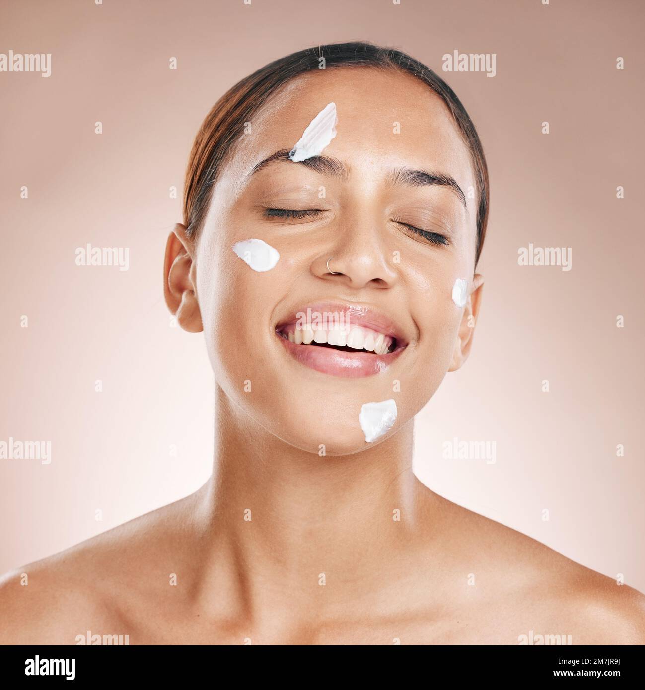 Skincare, cream and black woman in studio for beauty, cosmetics or ...