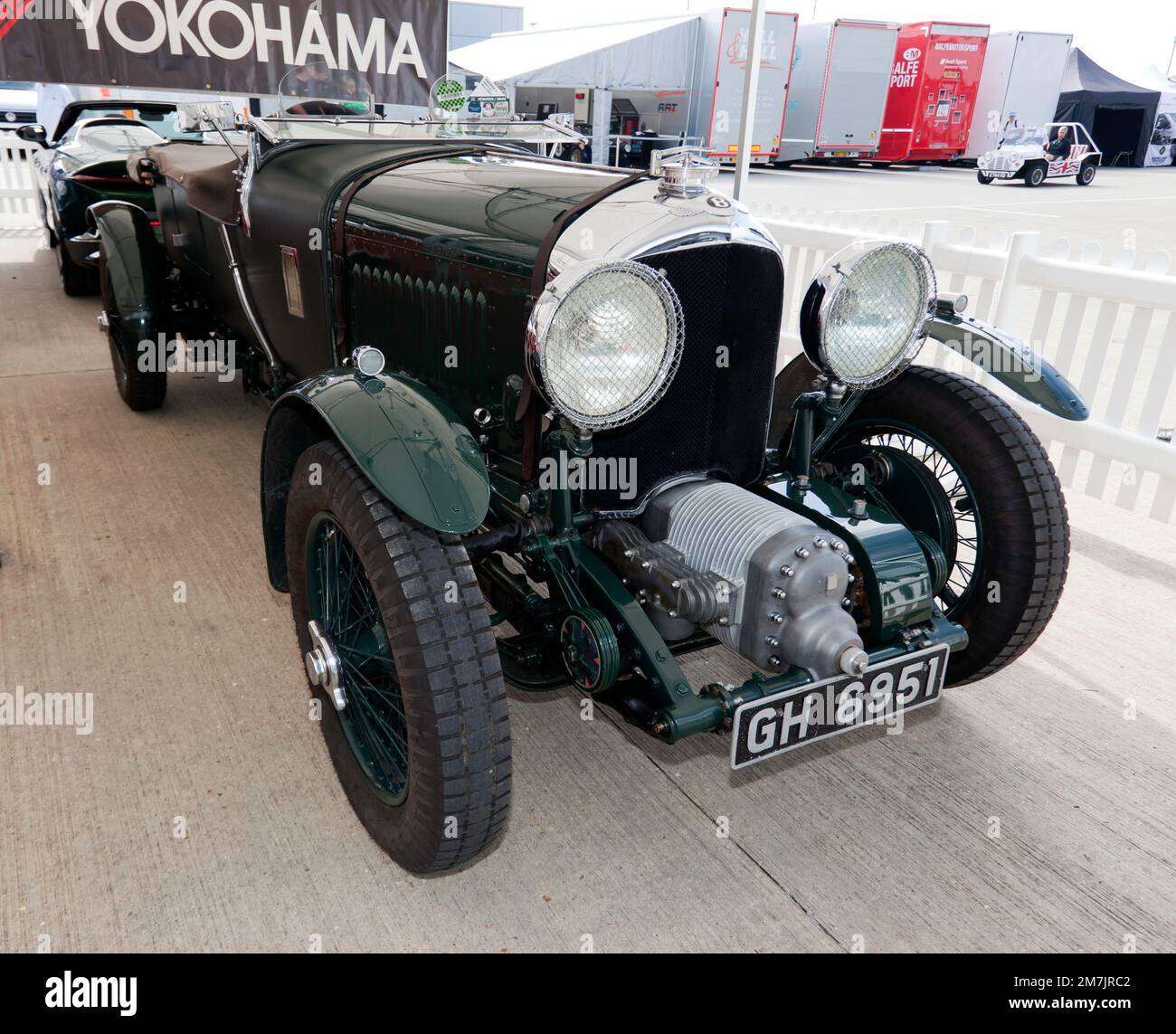 Three-quarters Front view of a Green, 1930, Supercharged Bentley 4.5L on display at the 2022 ...