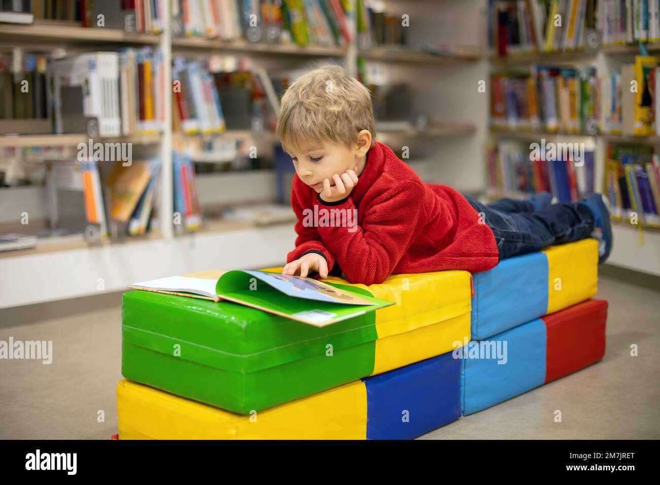 Adorable little child, boy, sitting in library, reading book and ...