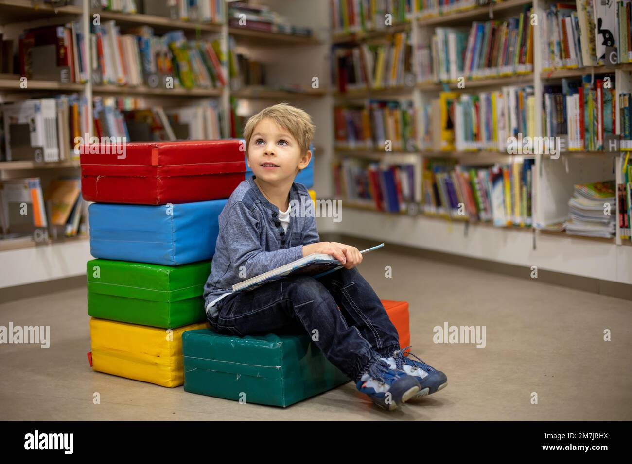Adorable little child, boy, sitting in library, reading book and ...