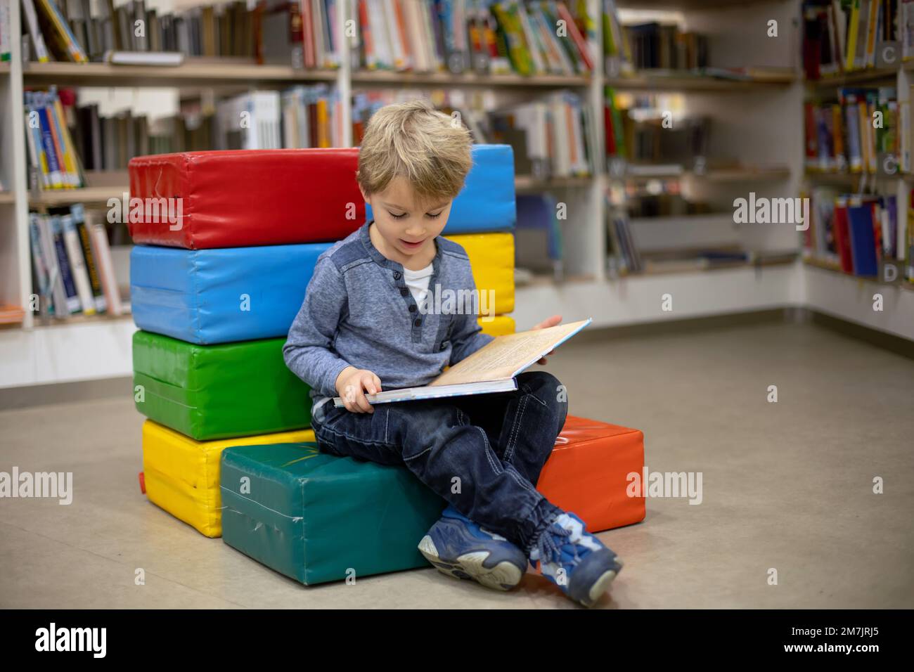Adorable little child, boy, sitting in library, reading book and ...