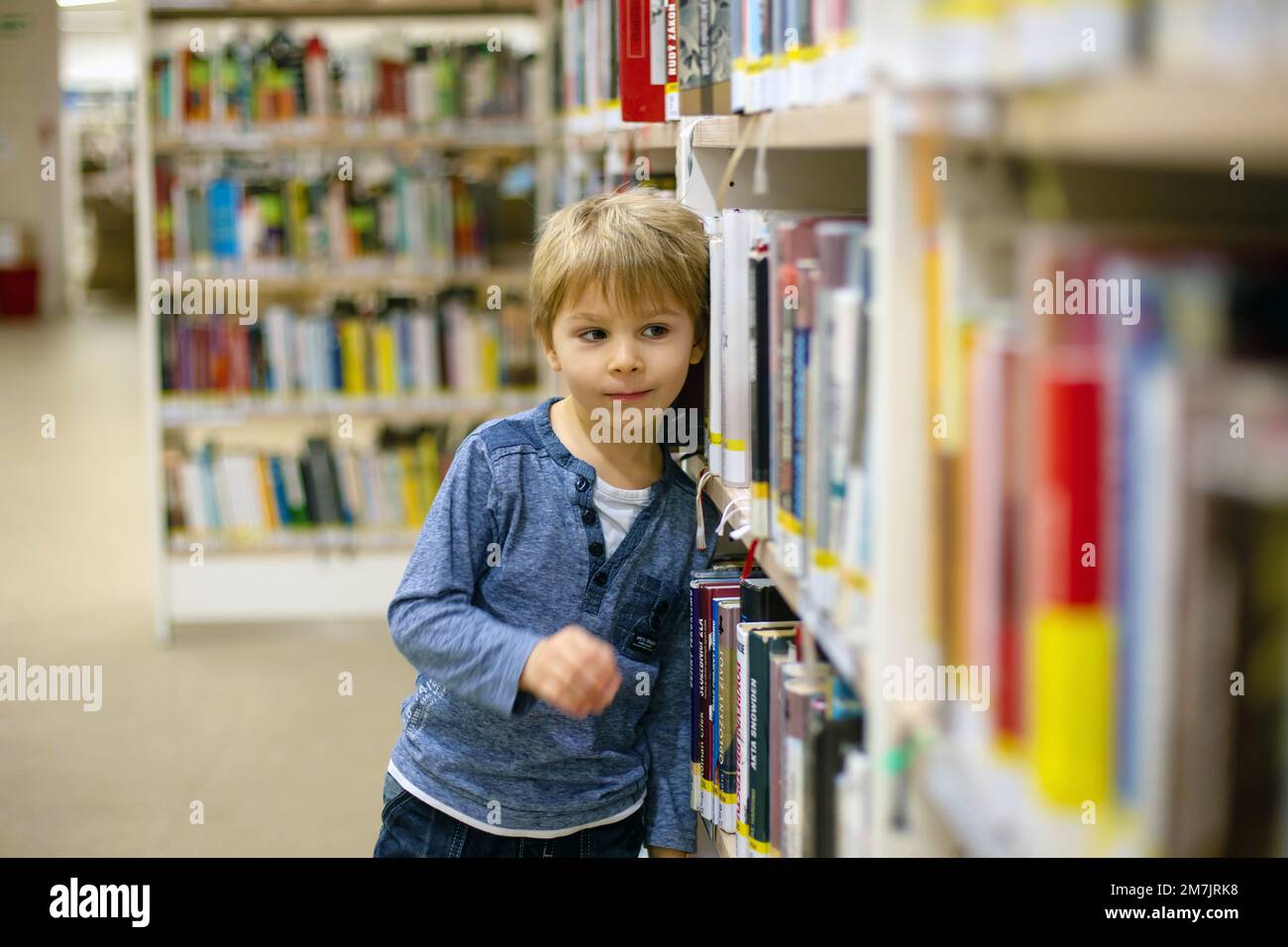 Adorable little child, boy, sitting in library, reading book and ...
