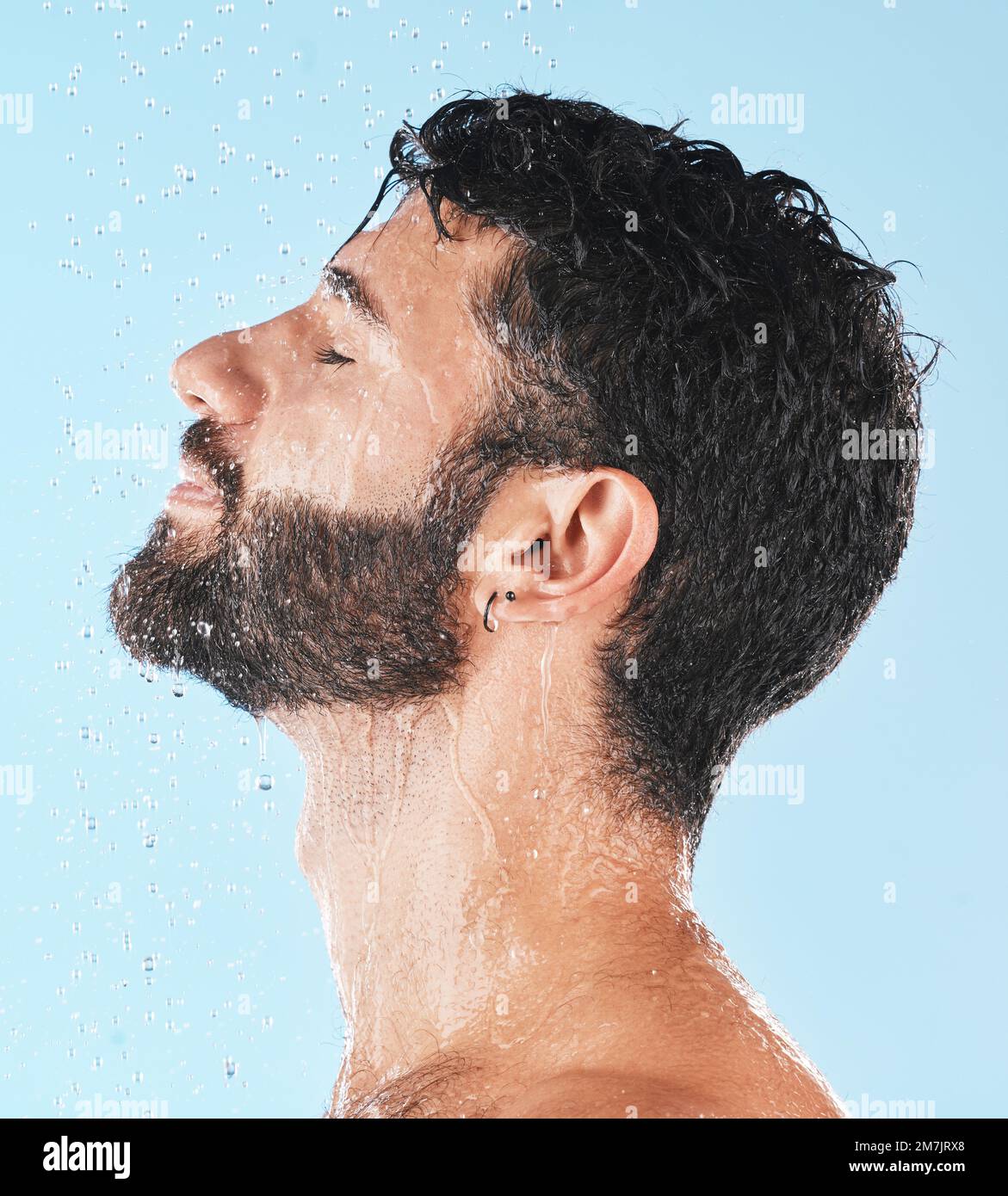 Shower, man with water and face profile with cleaning and hygiene ...