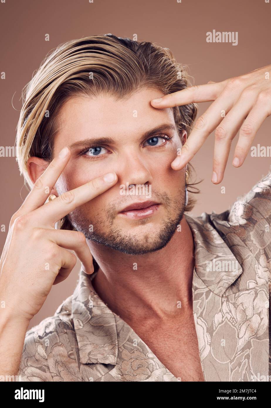 Portrait, hands and manicure with man, face and beauty with cosmetics ...