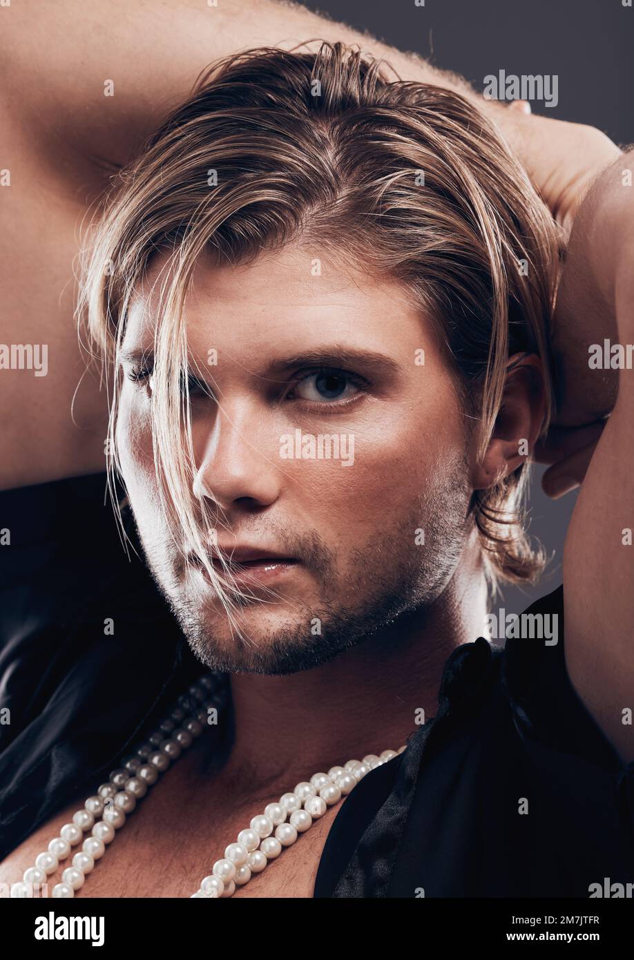 Beauty, fashion and portrait of man with jewelry, cosmetics and makeup ...