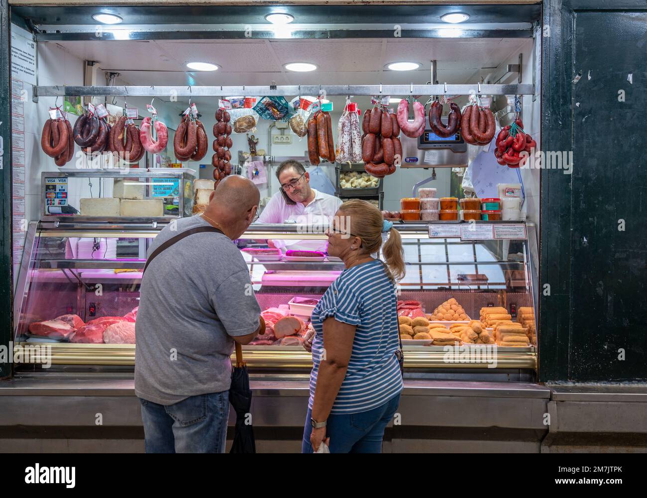 Fresh seafood stall at local food market in Jerez de la Frontera, Spain ...