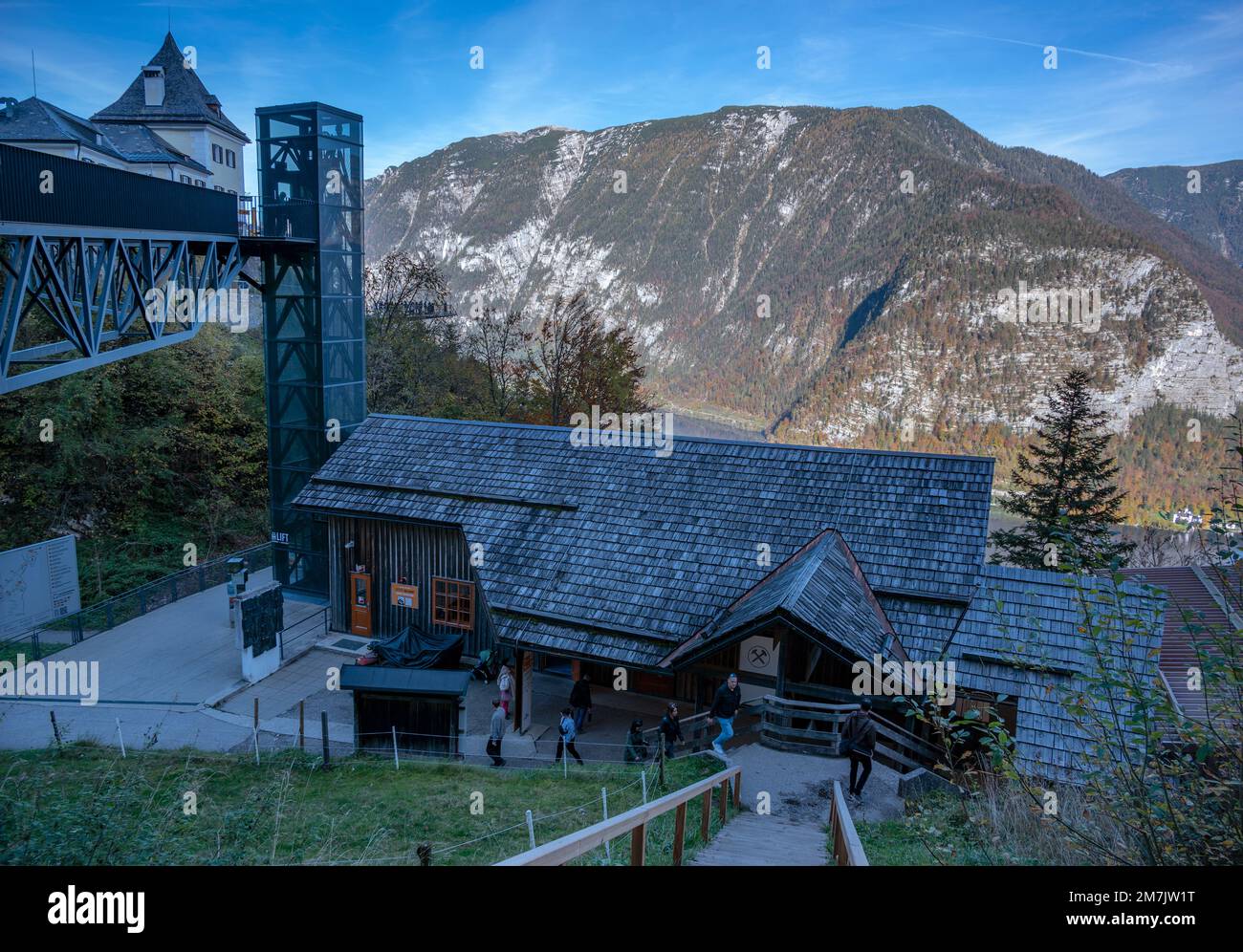 View of the observation deck at the Hallstatt village surrounded by ...