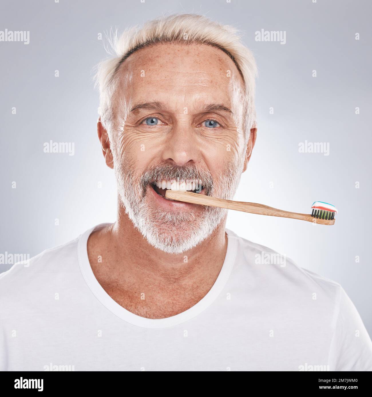 Dental care, hygiene and grooming man brushing teeth for healthy smile, mouth wellness and ...