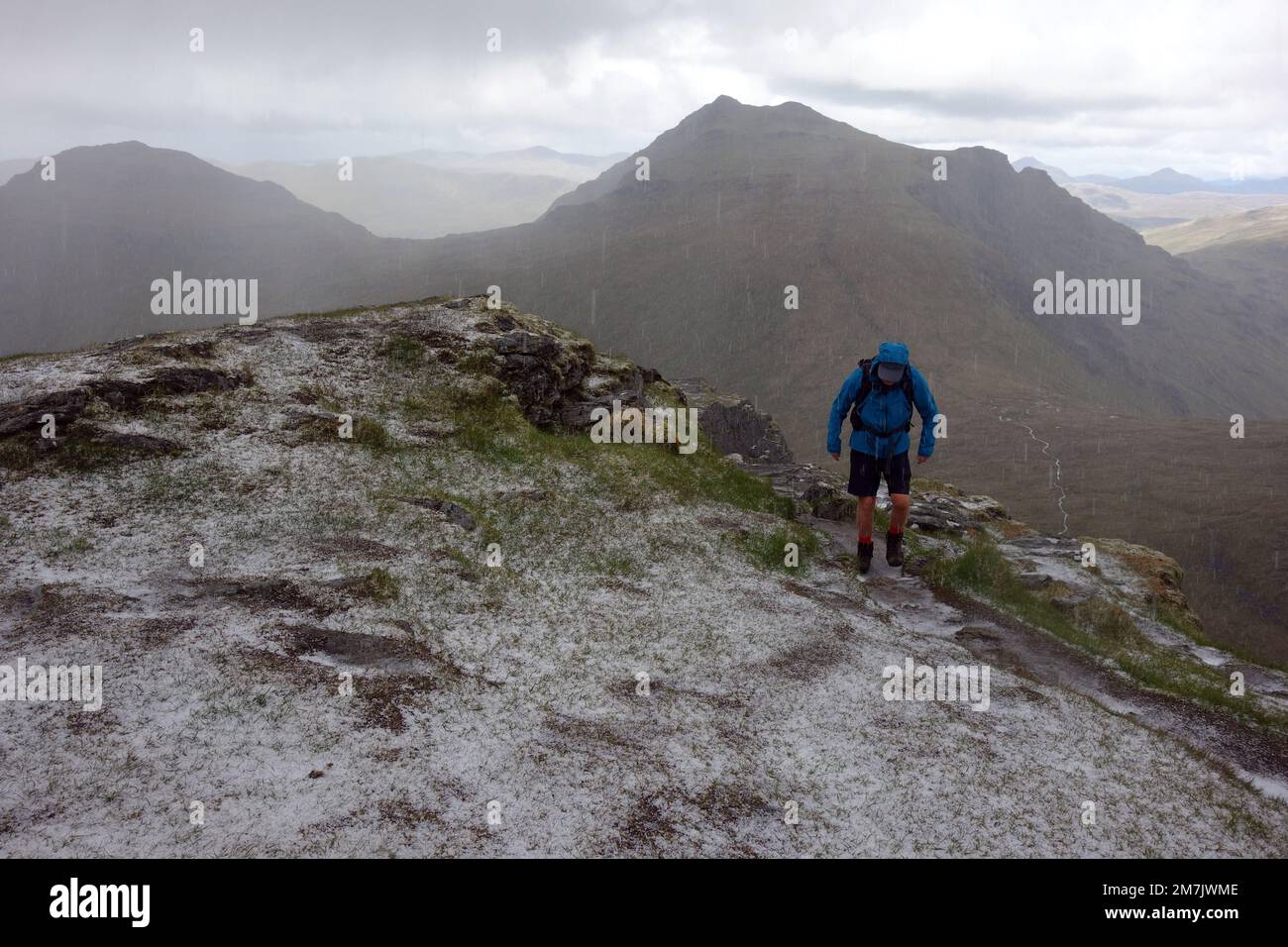Man Walking in Hail Shower on the Northern Top of the Scottish Mountain ...