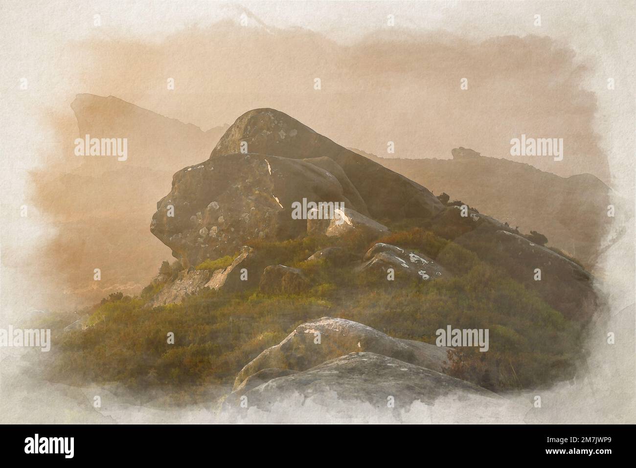 A digital watercolor painting of a misty Ramshaw Rocks sunrise in the ...