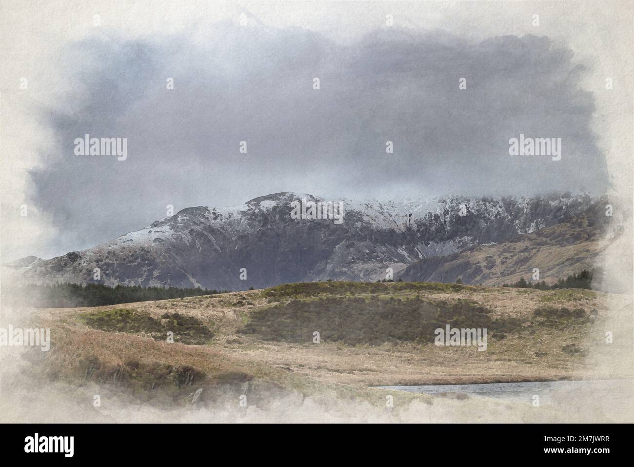 Digital watercolor painting of Llyn y Dywarchen, and Snowdon during ...