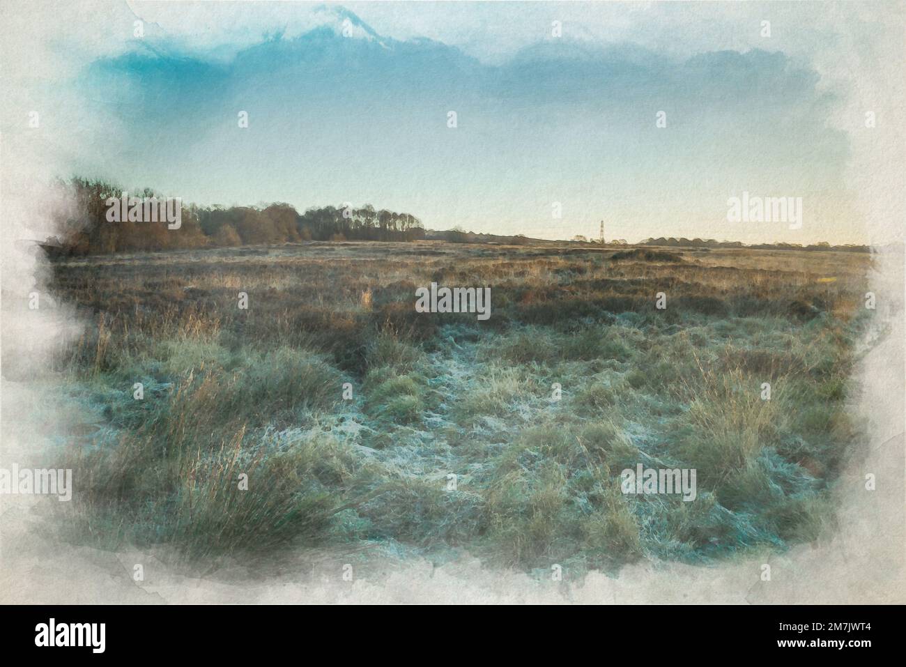 Wetley Moor. Digital watercolor painting of golden dawn light on a ...