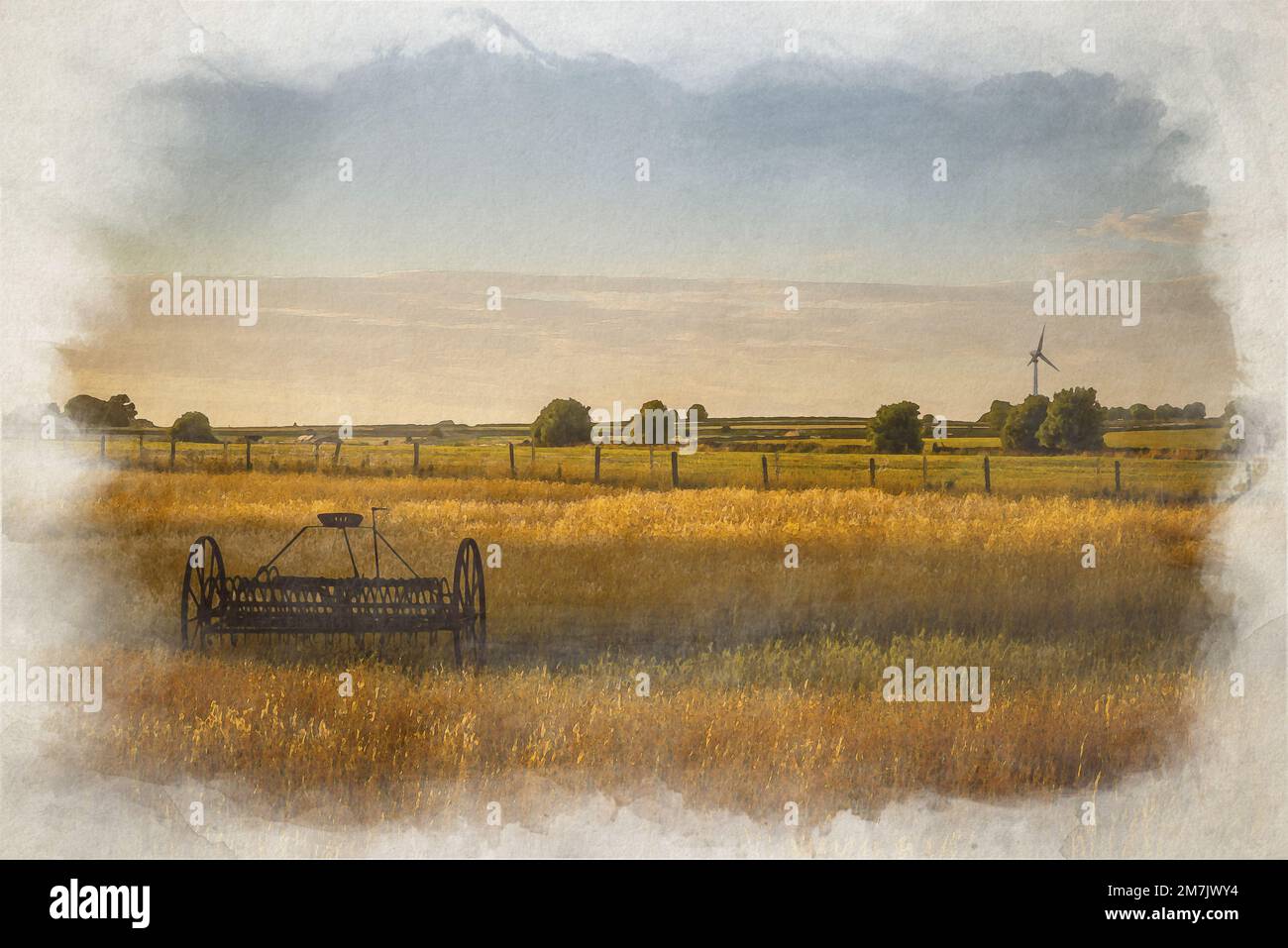 A digital watercolor rural landscape painting of an antique hay rake ...