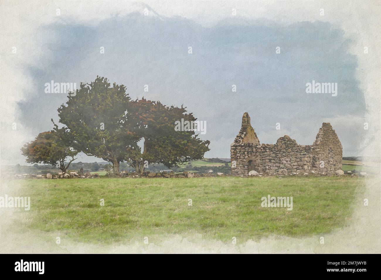 A digital watercolor painting of Three trees and the ruined chapel of ...