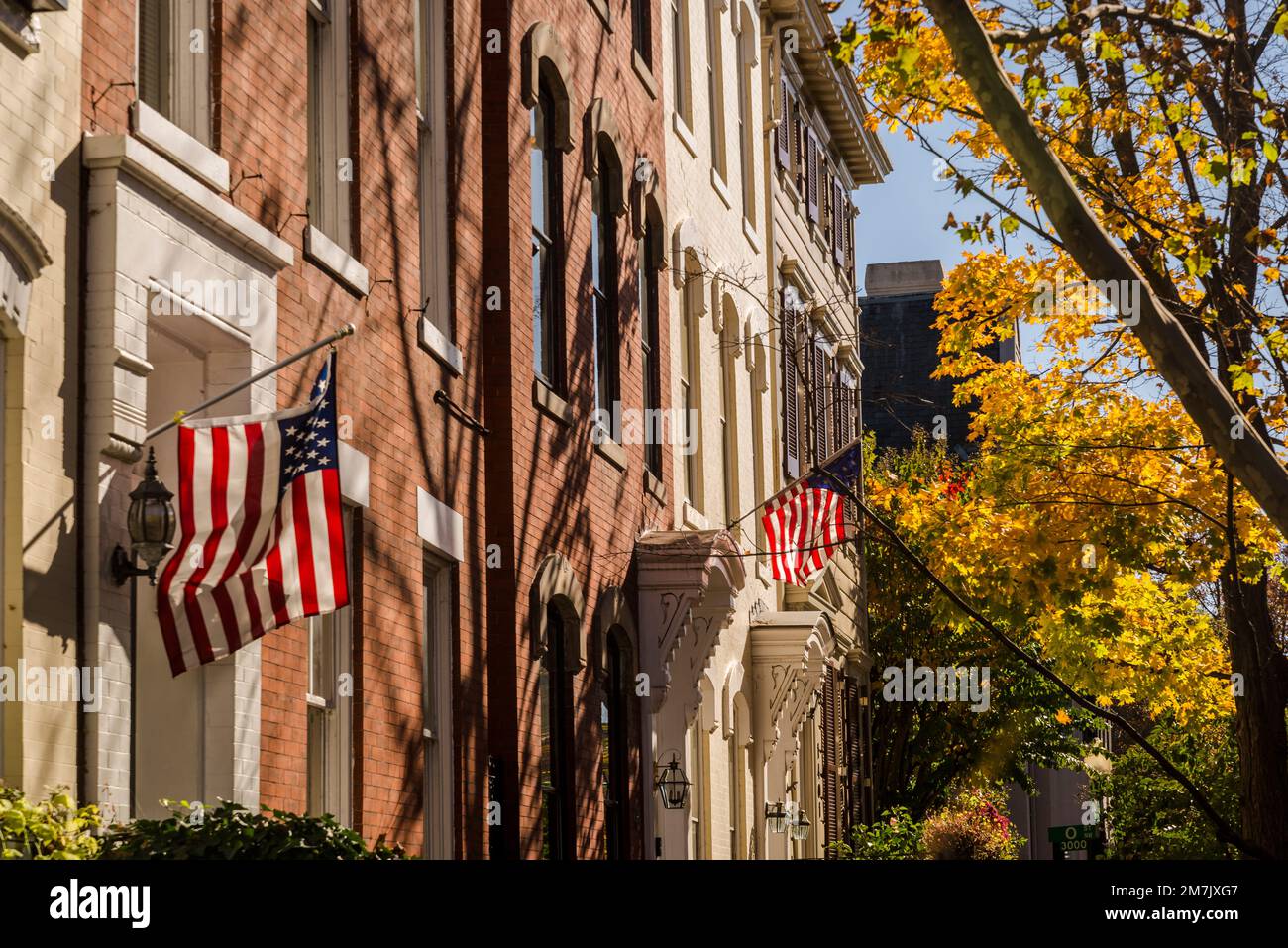 Residential street with American flags in Georgetown, a plush, historic ...