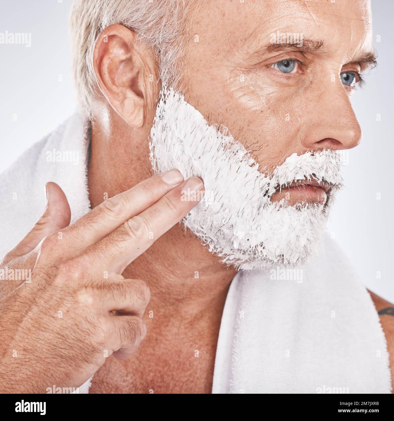 Man face, hands or grooming shaving foam in health maintenance or ...