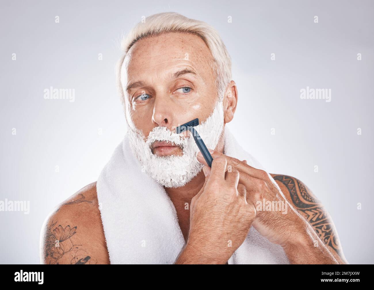 Mature man face, shaving cream or grooming in self care maintenance or ...