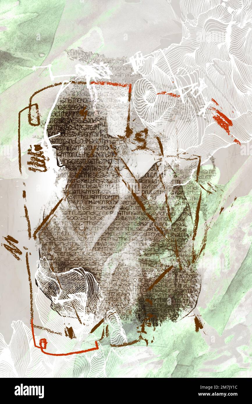 Abstract typographic art illustration of a thinking man with text ...