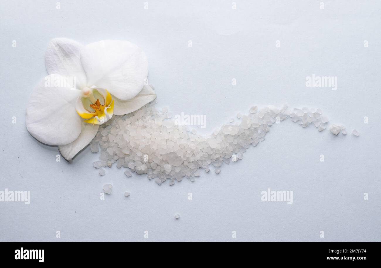 spa wellness concept.pebbles rocks in pyramid sea salt and orchid ...