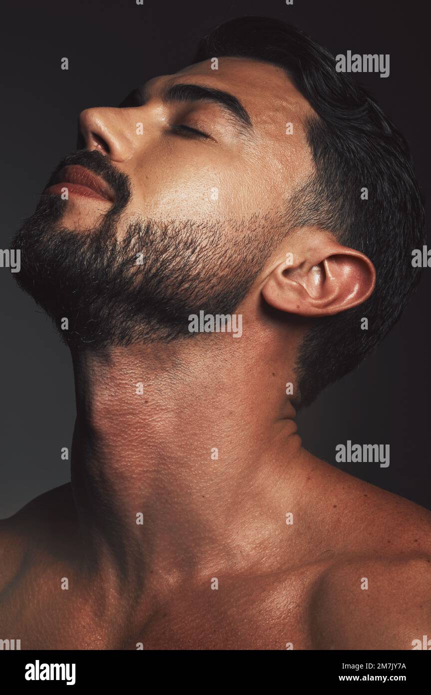 Cosmetics, man and face detox for wellness, peace and skincare on ...