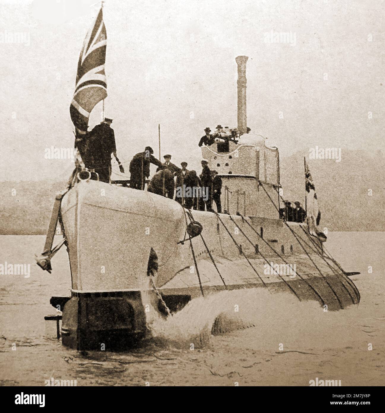 An old photograph of the British submarine HMS Oberon with its unusual ...