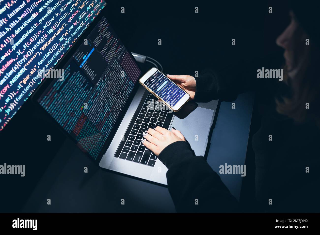 Cyber Security Threat Young Woman Using Computer And Coding Internet And Network Security