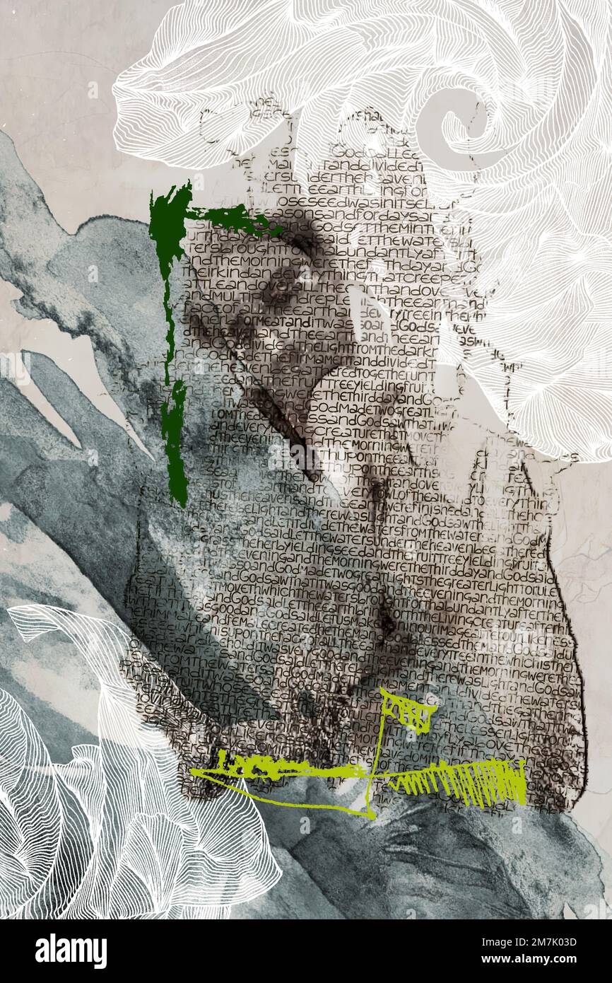 Abstract typographic illustration of a man hesitating with a white ...