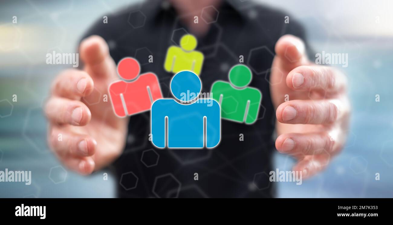 Profile concept between hands of a man in background Stock Photo - Alamy
