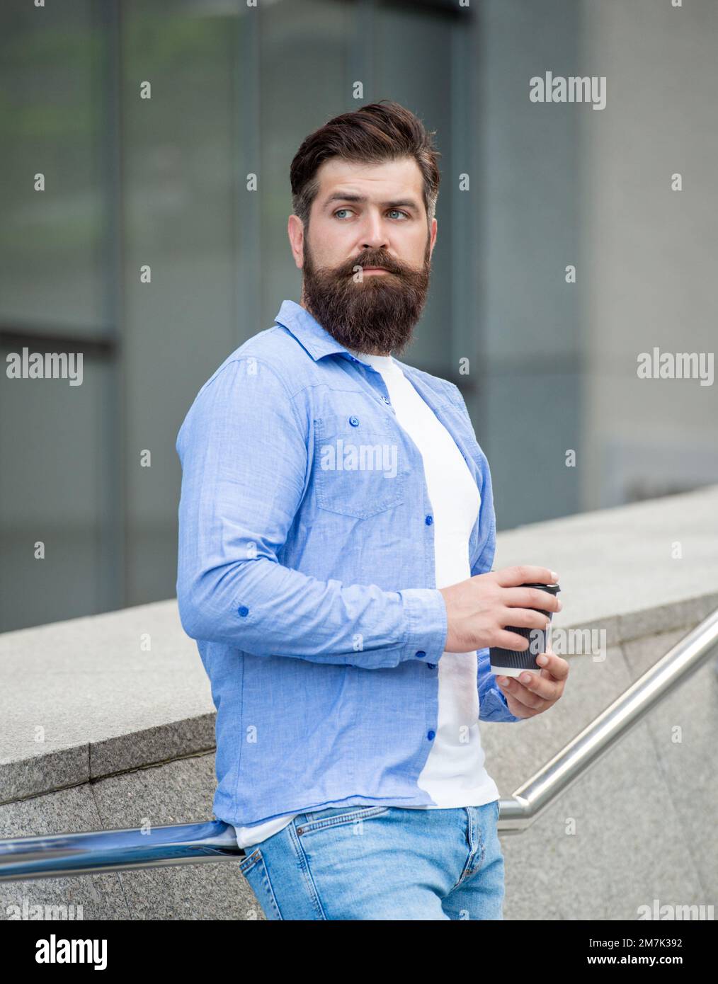 man with morning coffee outdoor. man with morning coffee outside. man ...