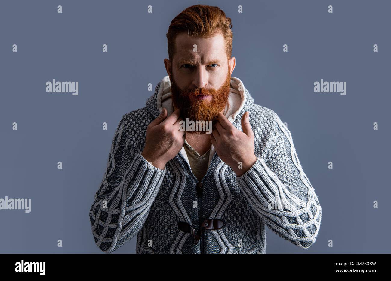 face of brutal man in warm sweater on background. photo of brutal man ...