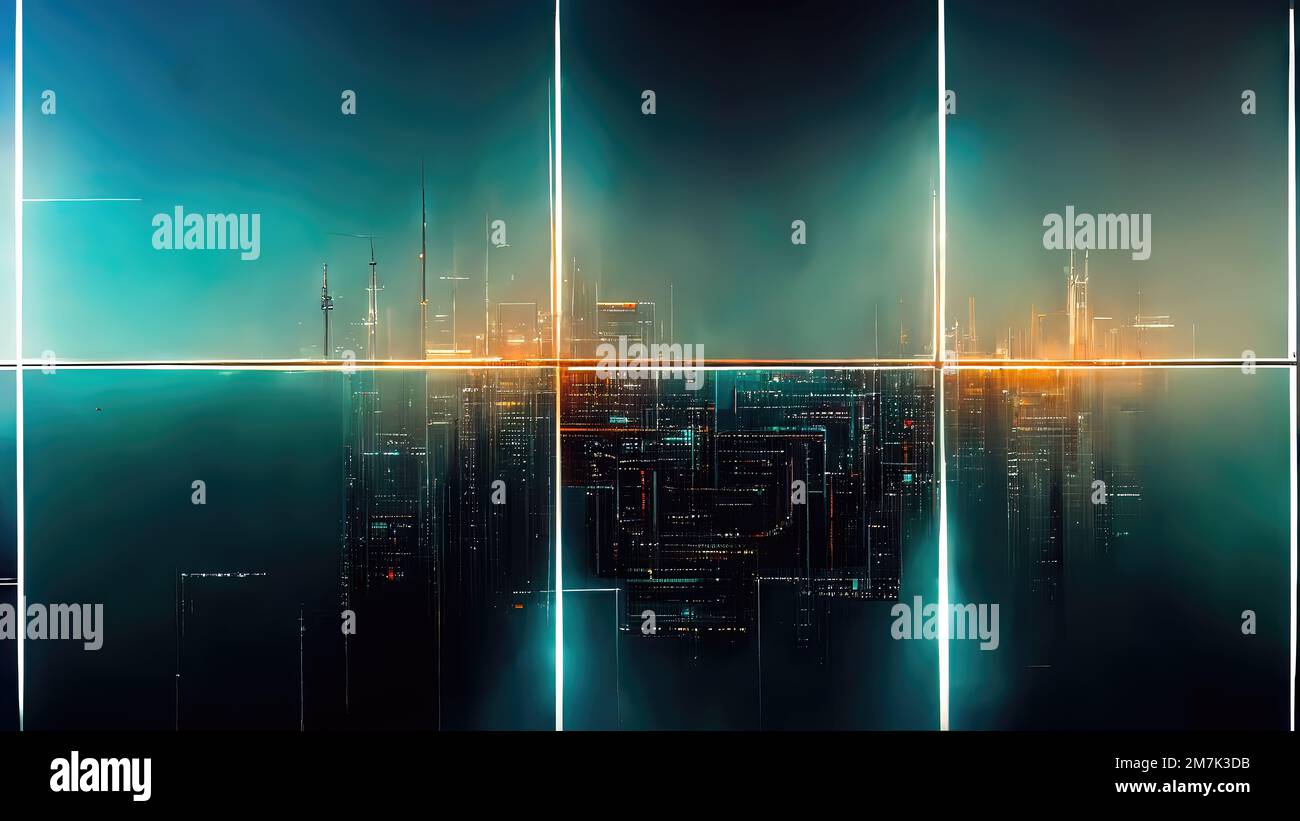 Orange and blue separated futuristic Sci Fi grid lines mechanical ...