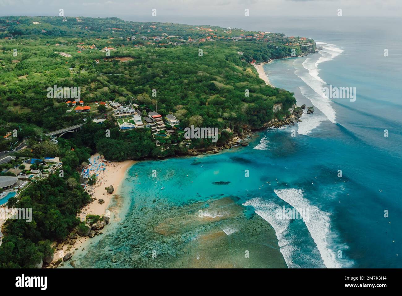 Aerial view of blue ocean with waves and scenic coastline on Padang ...