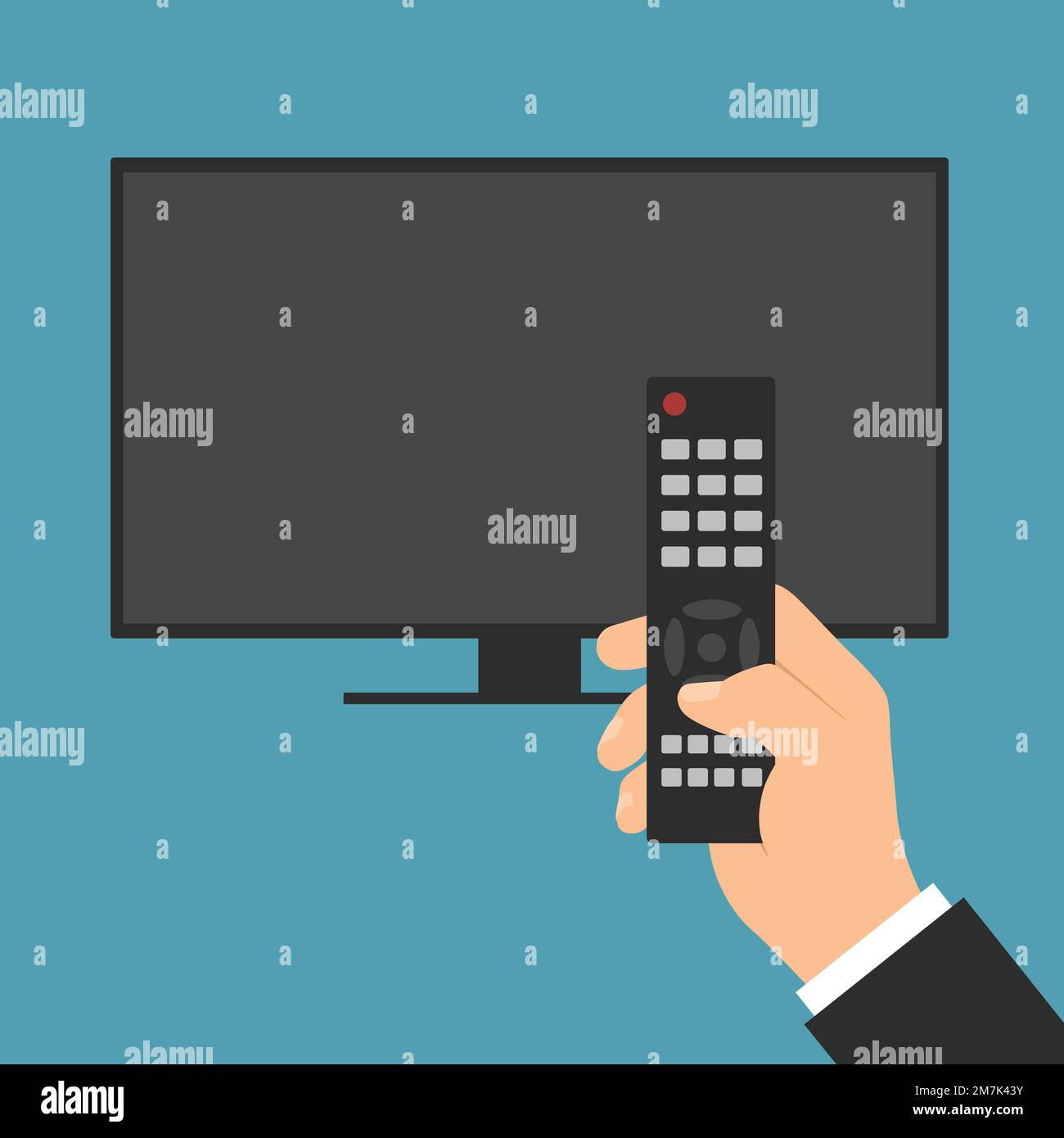 A male hand holds a remote control for TV, television set or a monitor ...