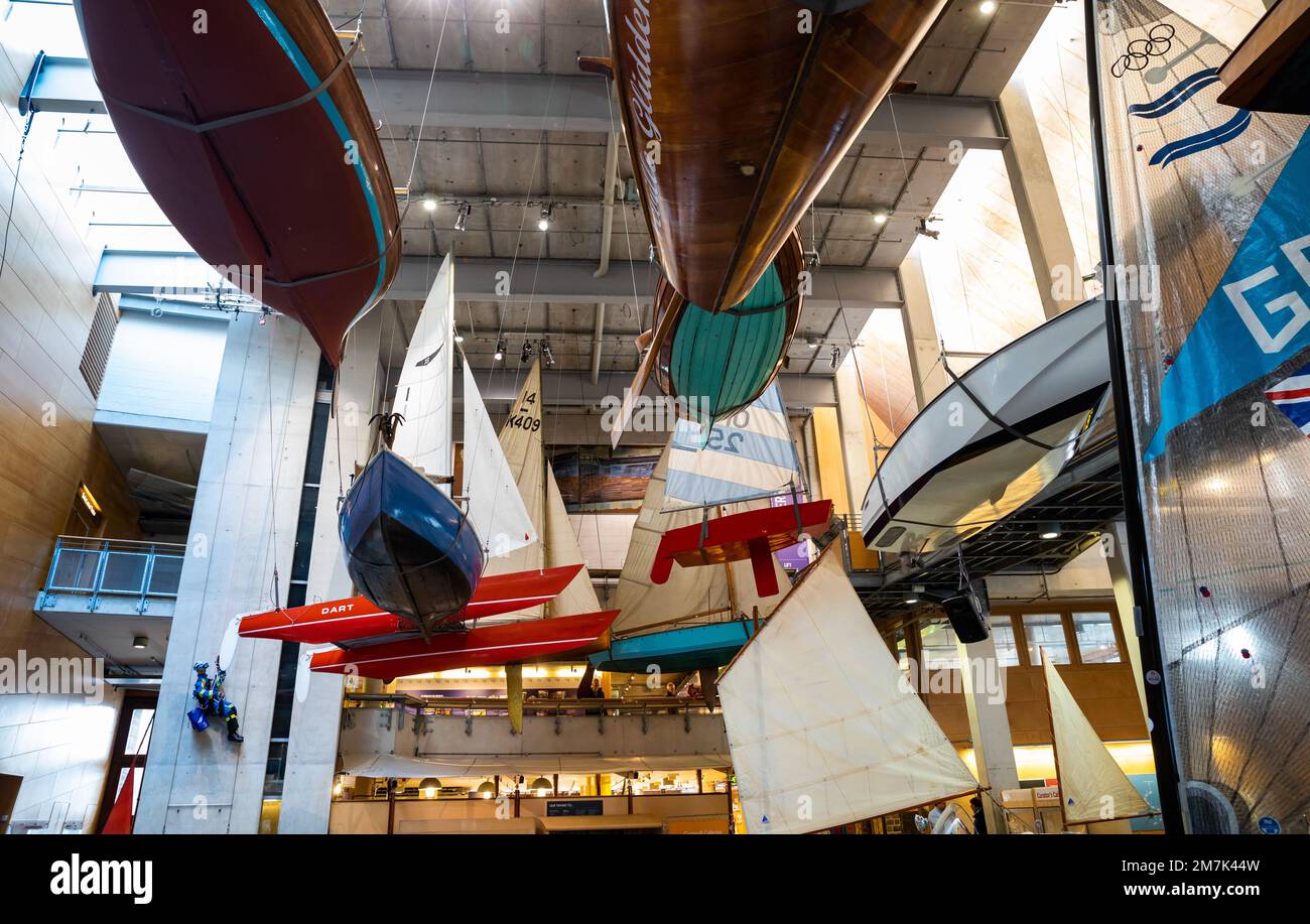 Hanging wooden boats on display at the National Maritime Museum, Cornwall, in Falmouth Stock ...
