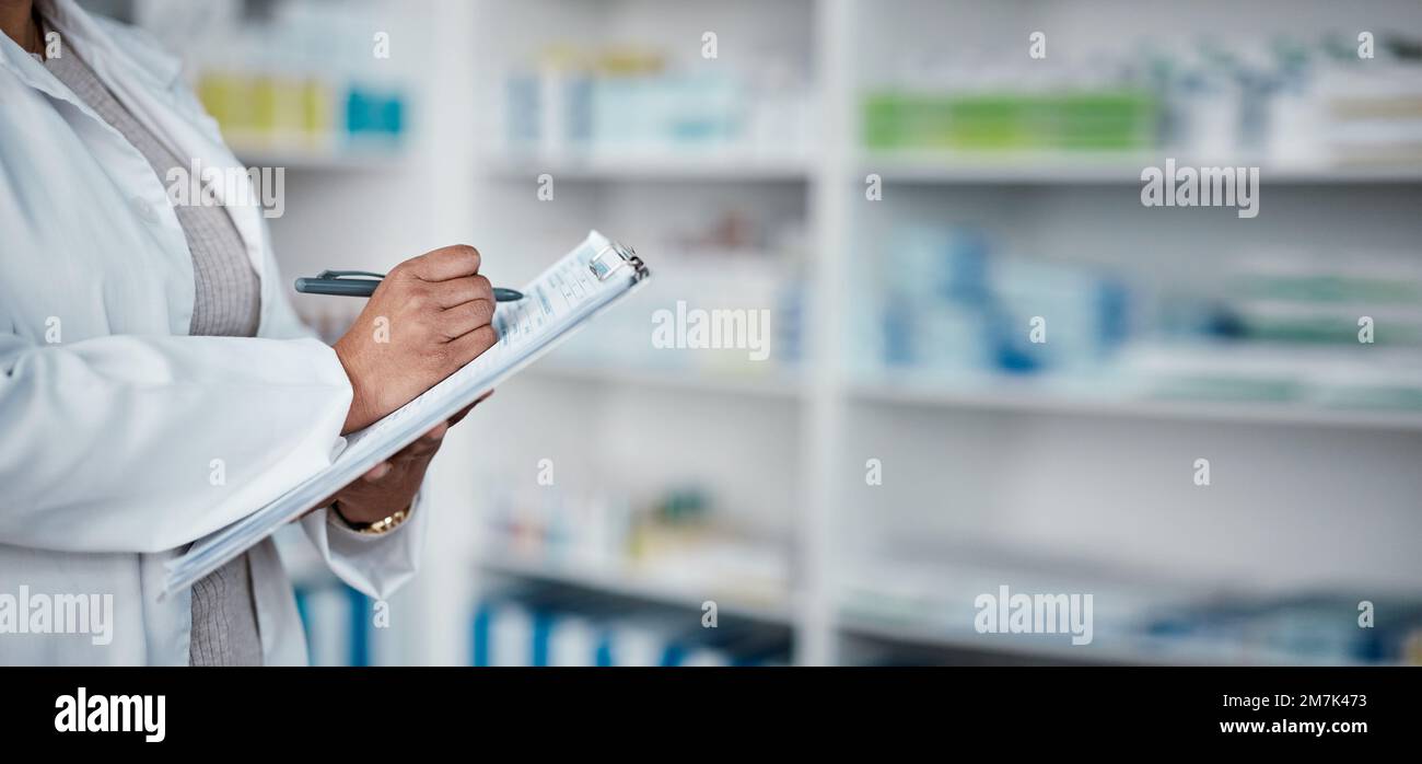 Woman, hands or pharmacy clipboard writing for medical stock check ...