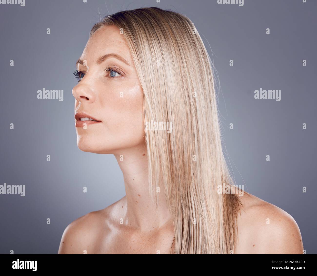 Beauty, skincare and hair care, woman in studio with luxury makeup and ...