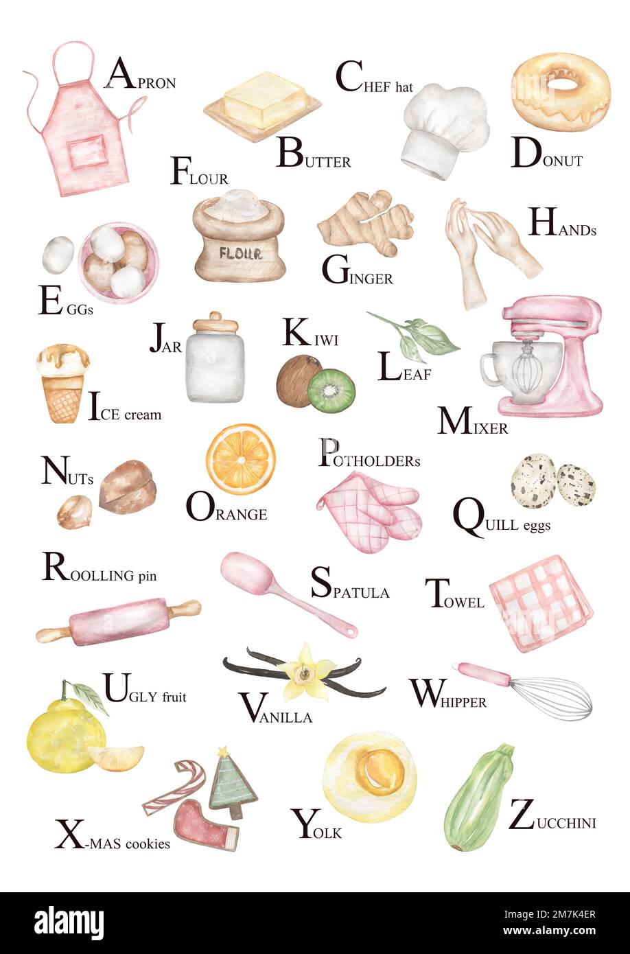 Watercolor Educational kids ABC poster with food and kitchen utensils ...