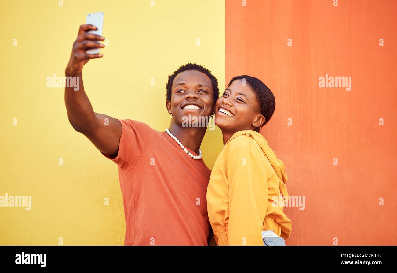 Gen Z Young Black Couple Happy In Selfie With Smartphone And Influencer With Post For Social