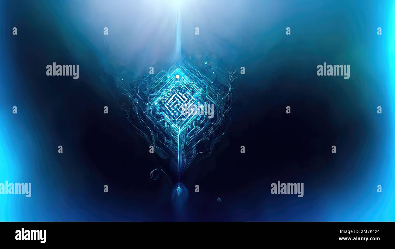 Blue and black gradient CPU circuitry, mechanical structure abstract ...